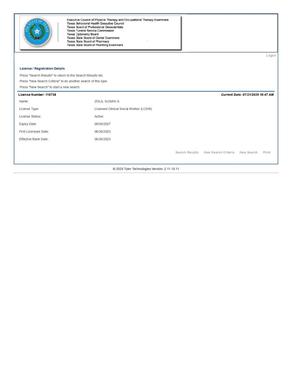 Licenses and Certifications - Susan Zola